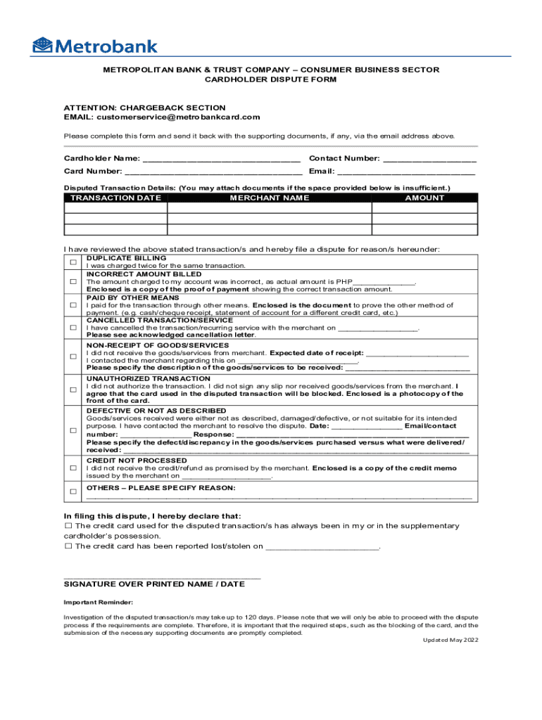 Fillable Online AFC METROBANK CARD CORPORATIONDISPUTE FORM REV MAY2022 ...