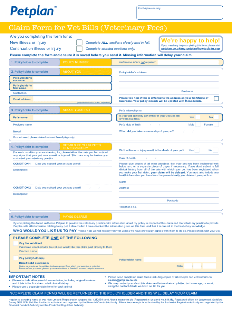 Fillable Online Claim Form for Veterinary Fees, Death or Permanent Loss ...