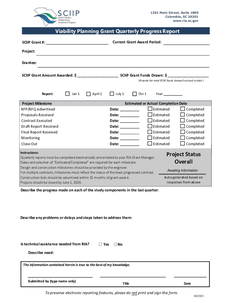 Fillable Online ria sc SCIIP Viability Planning Grant Quarterly Progress Report Form Fax Email ...