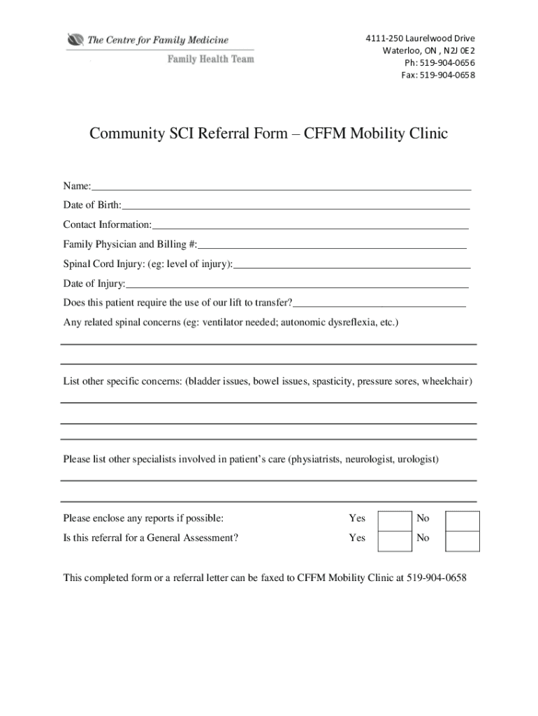 Fillable Online Community SCI Referral FormCFFM Mobility Clinic Fax ...
