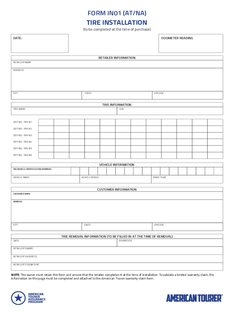 Fillable Online Tire Installation Form - IN01 (NARA)AT Fax Email Print ...