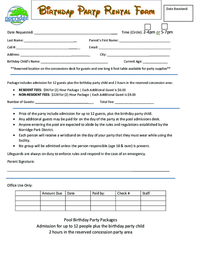 Fillable Online Pool Birthday Party Packages Admission for up to 12 ...