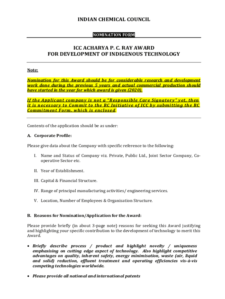 Fillable Online ICC Acharya P. C. Ray Award For Development of ... Fax ...