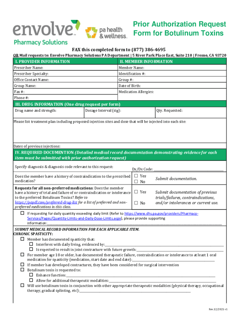 Fillable Online Prior Authorization Request Form for Botulinum Toxins ...