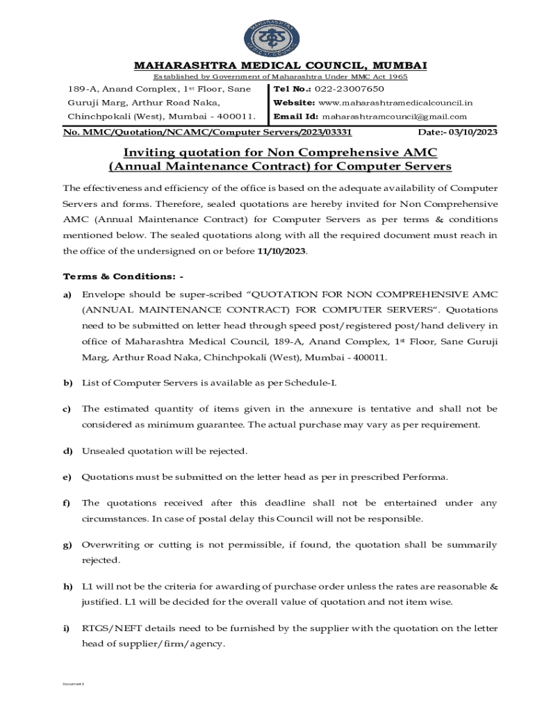 Fillable Online Inviting quotation for Non Comprehensive AMC (Annual ...