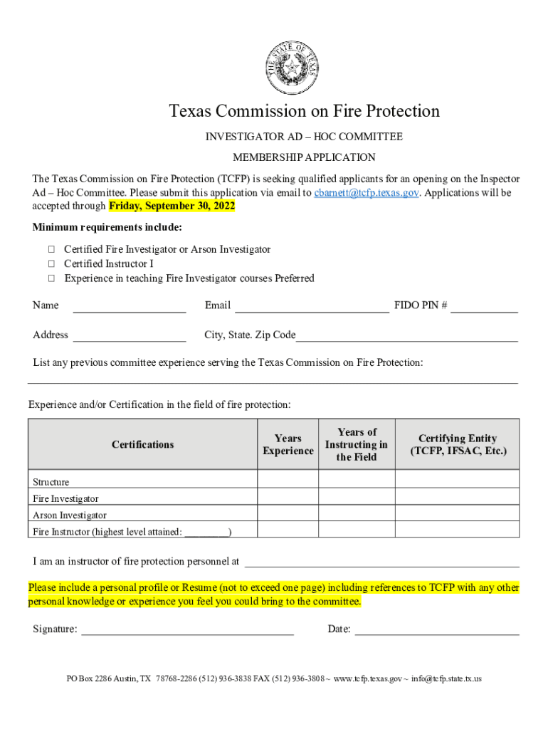 Fillable Online Inspector - CertificateTexas Commission on Fire ...