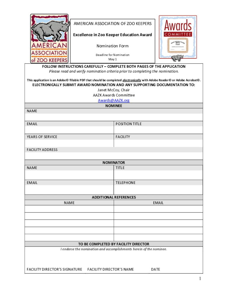 Fillable Online Excellence in Zoo Keeper Education Award Nomination ...