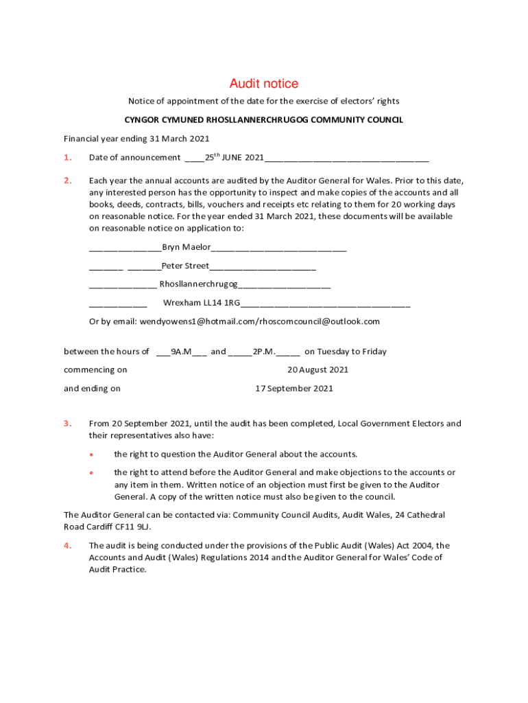 Fillable Online Notice of Electors Rights Audit for the year ending 31st ... Fax Email Print ...