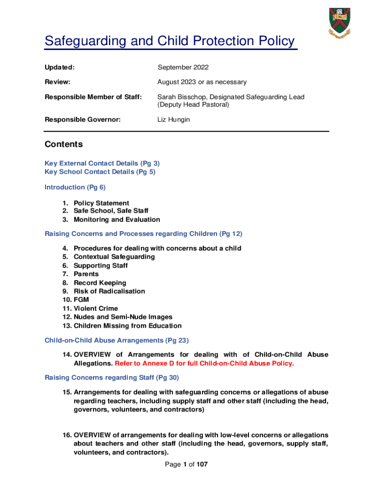 Fillable Online Policy on Safeguarding and Promoting the Welfare of ... Fax Email Print - pdfFiller