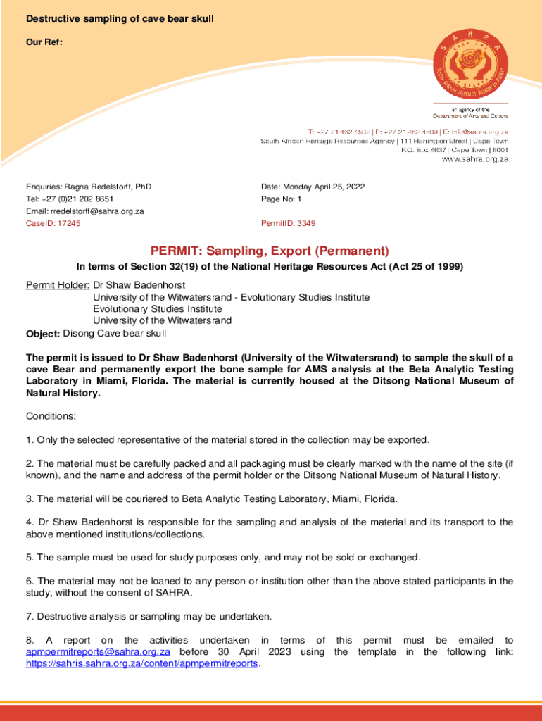 Fillable Online PERMIT: Sampling, Export (Permanent) - SAHRIS Fax Email Print - pdfFiller