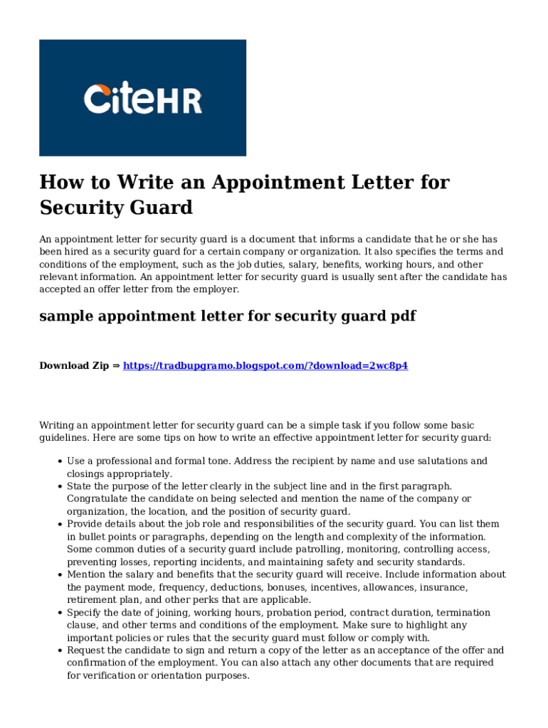 Fillable Online Appointment Letter for Security Guard - Word & Excel ...