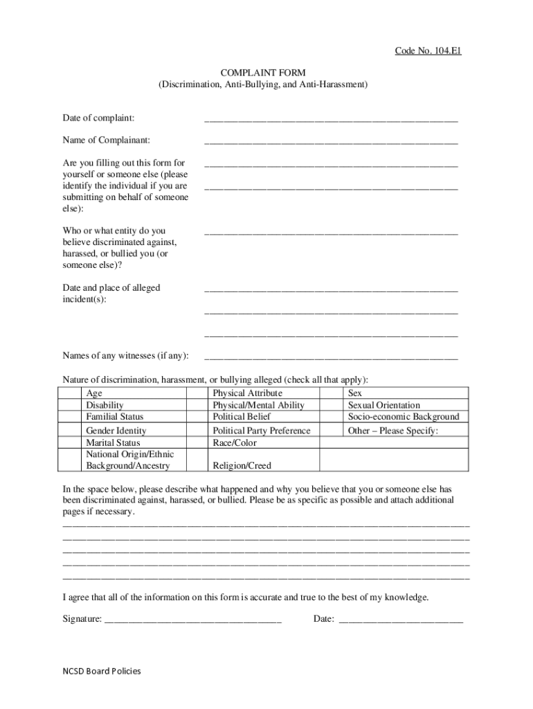 Fillable Online Code No. 104.E1 Page 1 of 2 COMPLAINT FORM ( ... Fax ...