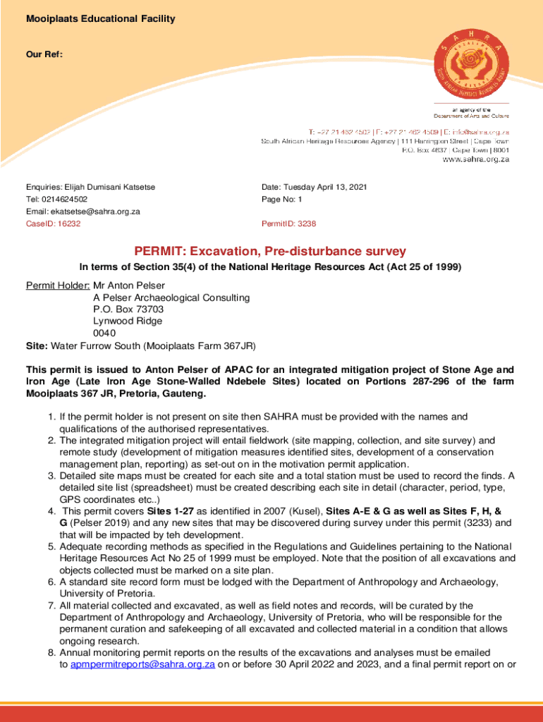 Fillable Online PERMIT: Excavation, Pre-disturbance survey - SAHRIS Fax Email Print - pdfFiller