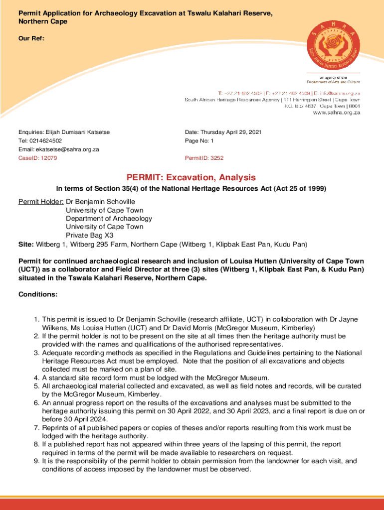 Fillable Online Permit Application for Archaeology Excavation at Tswalu ...