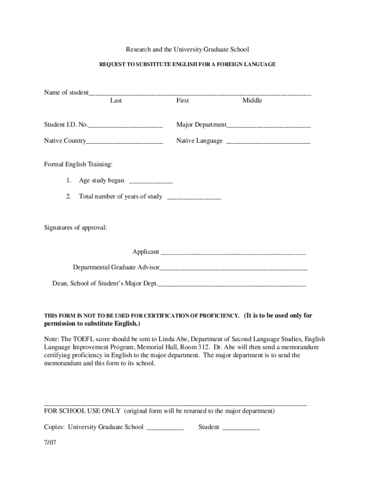 Fillable Online Request to Substitute English for a Foreign Language ...