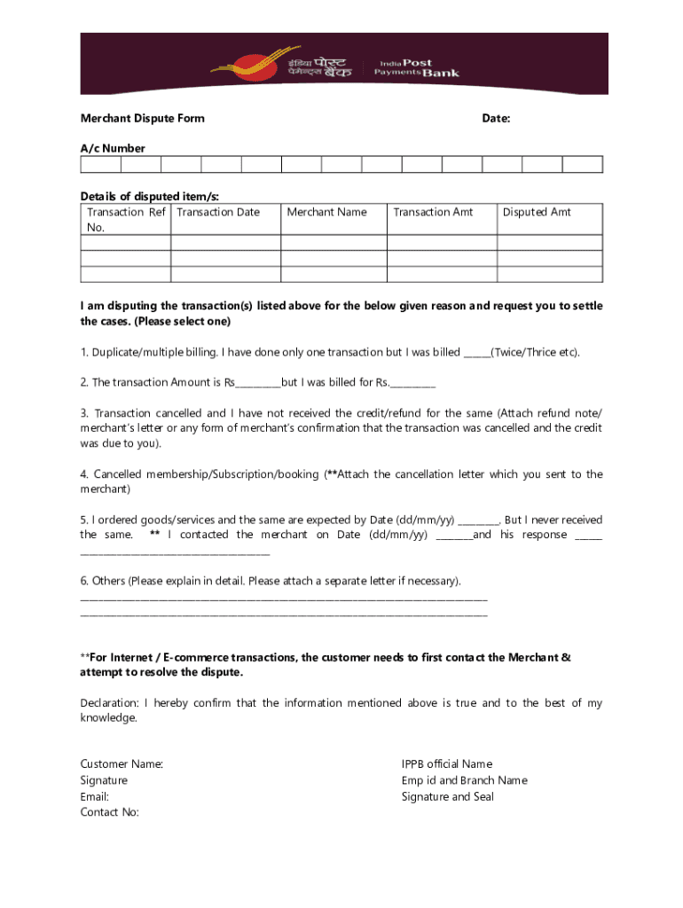 Fillable Online Merchant Dispute Form Date: A/c Number Details of ...