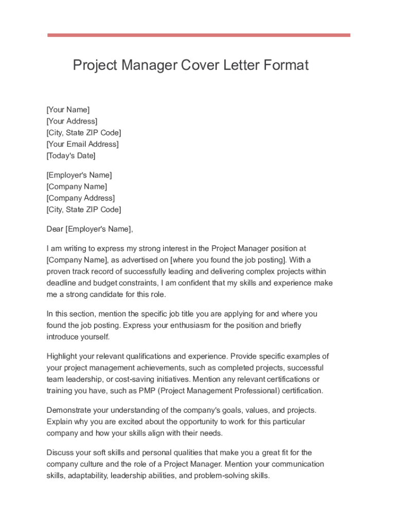 Fillable Online Project Manager Cover Letter Format Fax Email Print ...