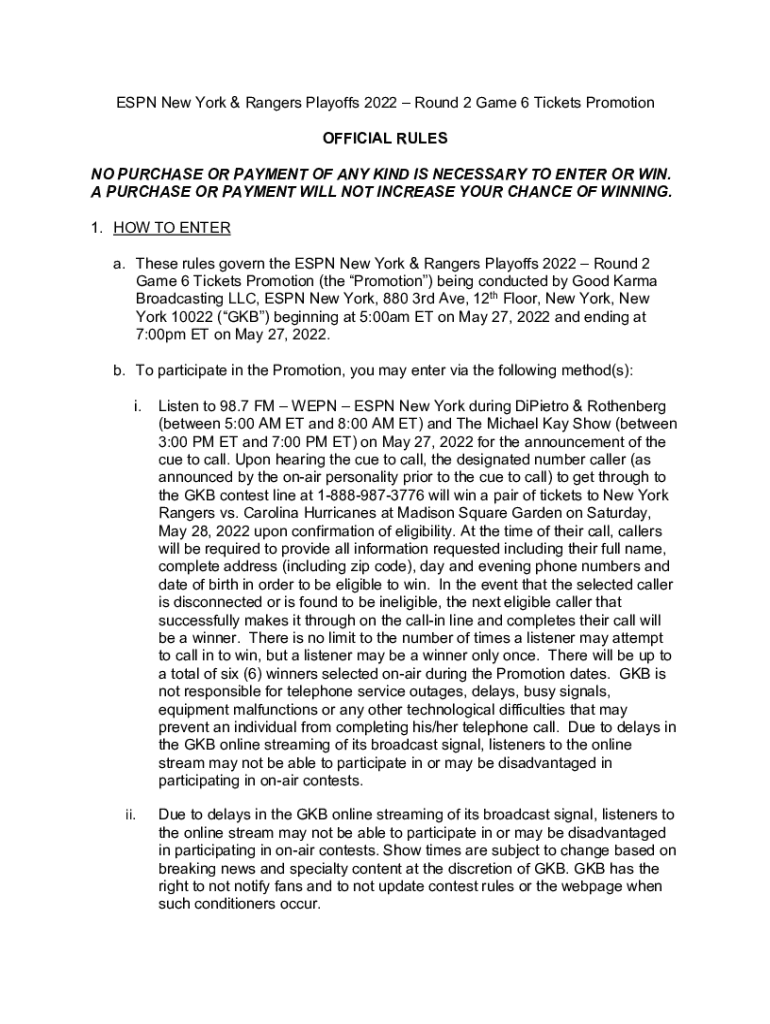 Fillable Online ESPN New York & Rangers Playoffs 2022 Round 2 Game 6 ...