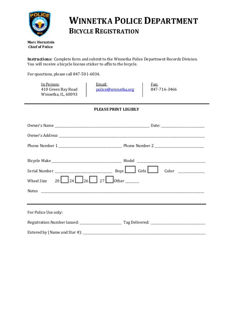 Fillable Online winnetka police department - bicycle registration Fax ...