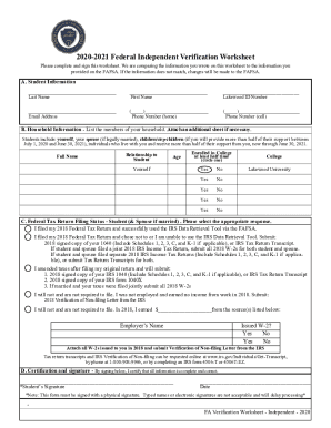 Fillable Online 2020-2021 Federal Independent Verification Worksheet Fax Email Print - pdfFiller