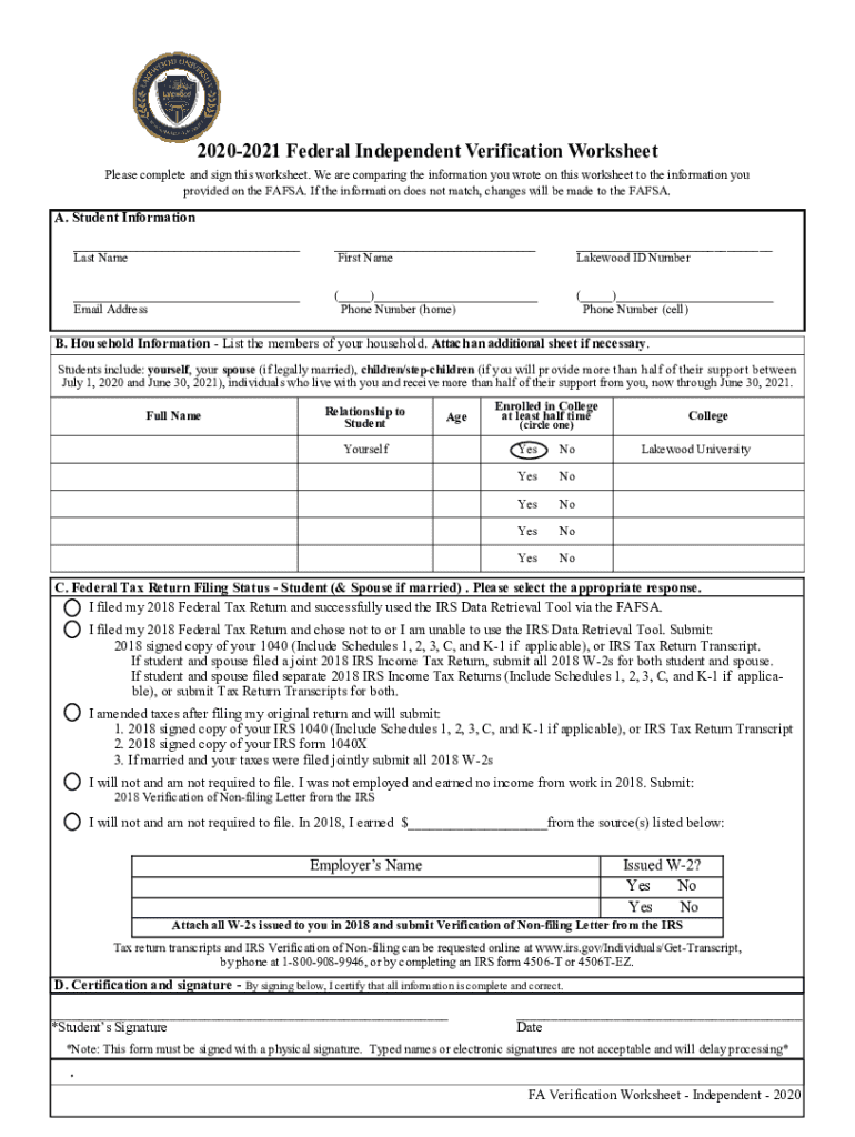 Fillable Online 2020-2021 Federal Independent Verification Worksheet Fax Email Print - pdfFiller