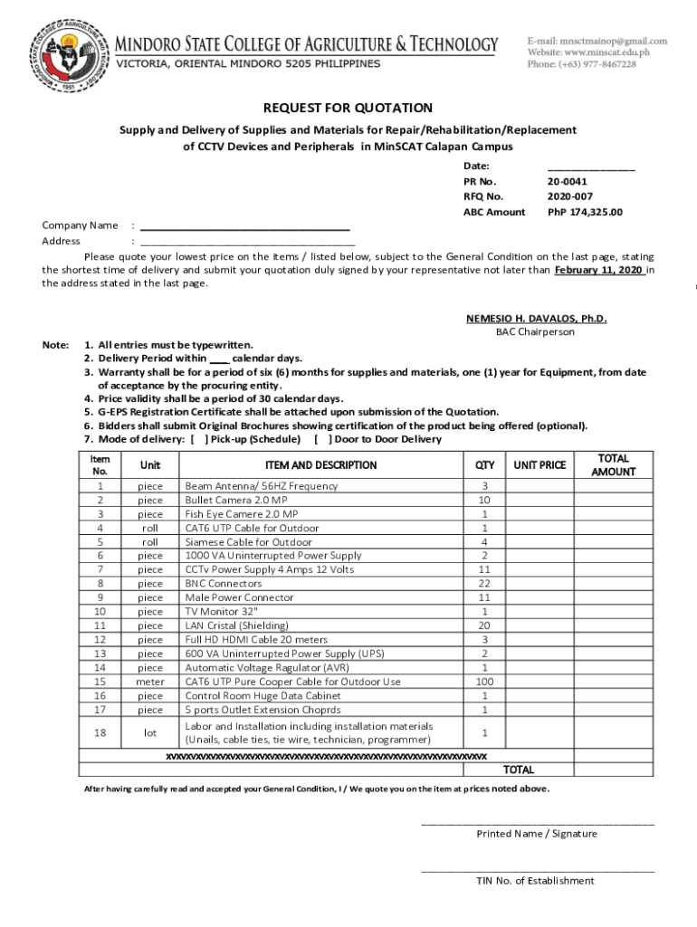 Fillable Online Request for Quotation (RFQ): Supply, Delivery and ...