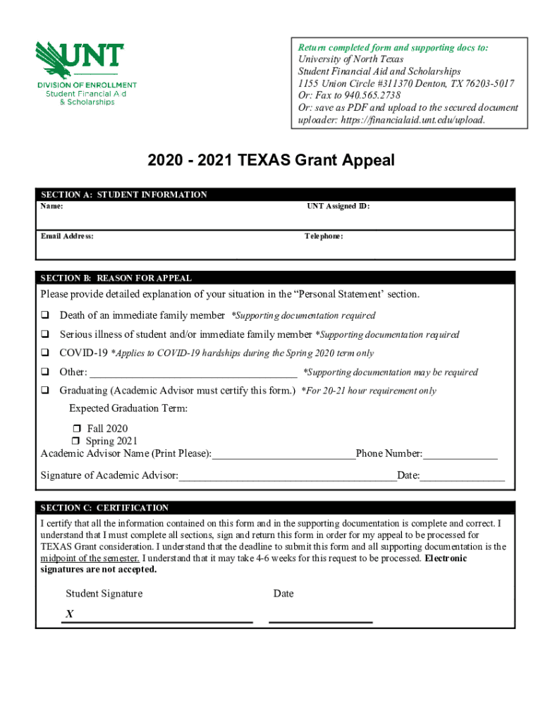 Fillable Online 2020 - 2021 TEXAS Grant Appeal - Financial Aid ...