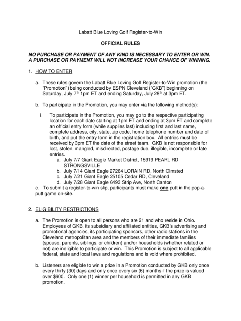 Fillable Online Labatt Blue Loving Golf Register-to-Win Fax Email Print ...