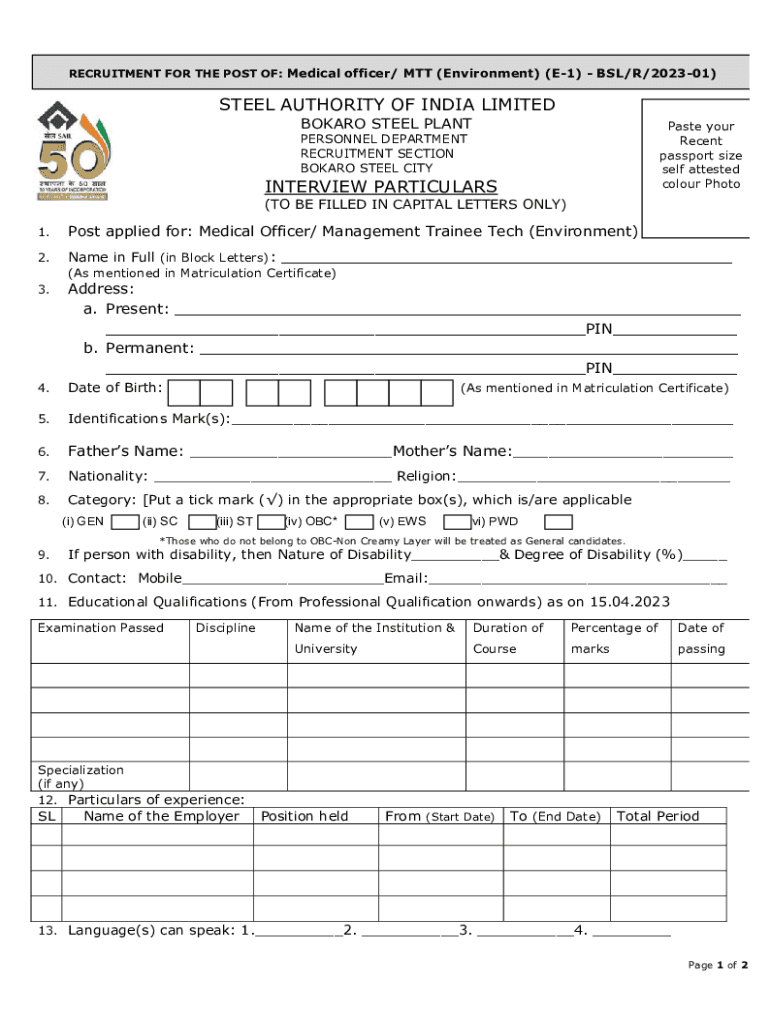 Fillable Online Interview Particulars for the post of Medical Officer ...