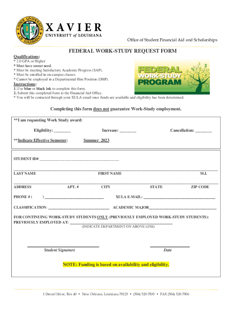Fillable Online FEDERAL WORK-STUDY REQUEST FORM Fax Email Print - pdfFiller