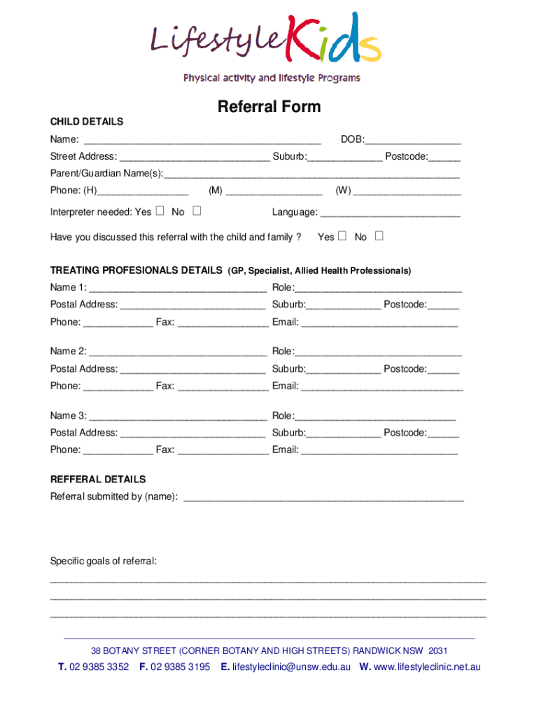 Fillable Online medicalsciences med unsw edu Lifestyle Plus Referral Form - School of Medical ...