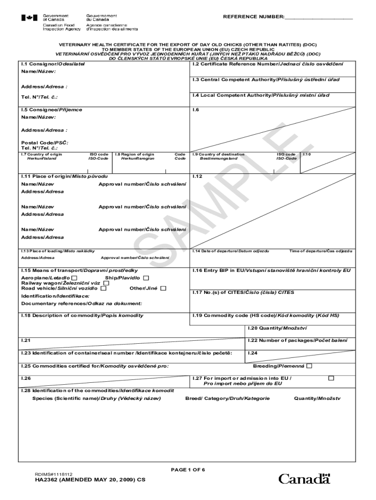 Fillable Online Veterinary certificate for dispatch to and transit ...