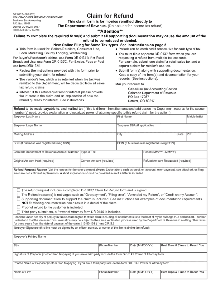 Fillable Online DR 0137 Claim for Refund Instructions for Form DR 0137 Fax Email Print - pdfFiller