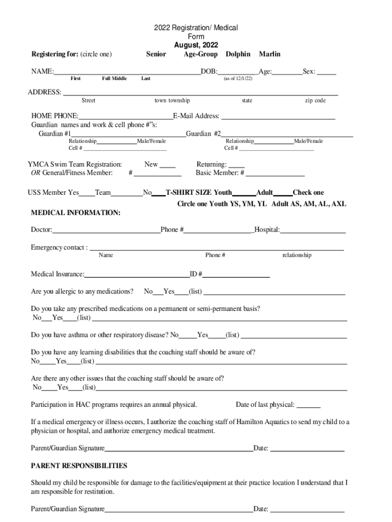 Fillable Online Medical Form August, 2022 Registering for: (circle one ...