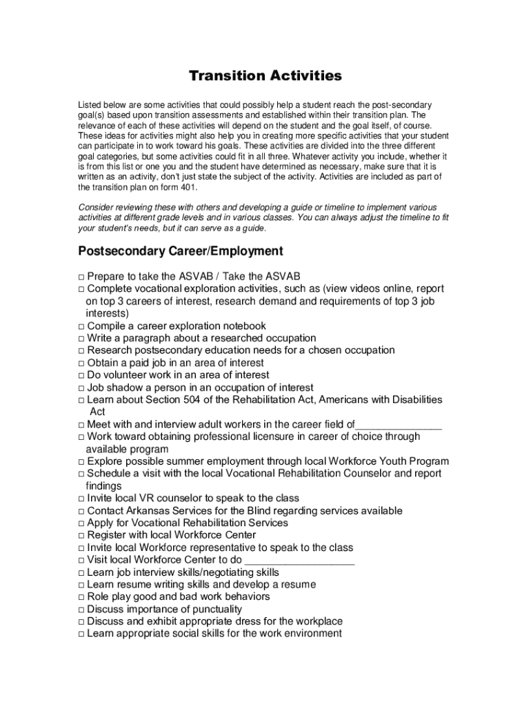 Fillable Online Transition Services & Activities: Making the Connection ...