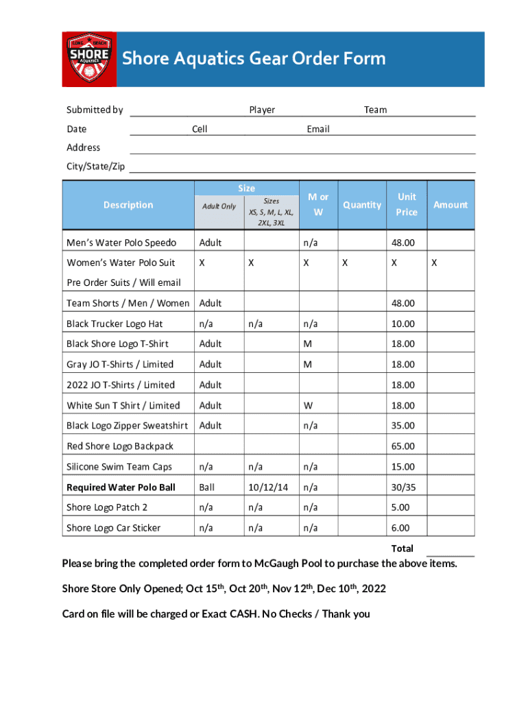 Fillable Online Shore Aquatics Gear Order Form Fax Email Print - pdfFiller