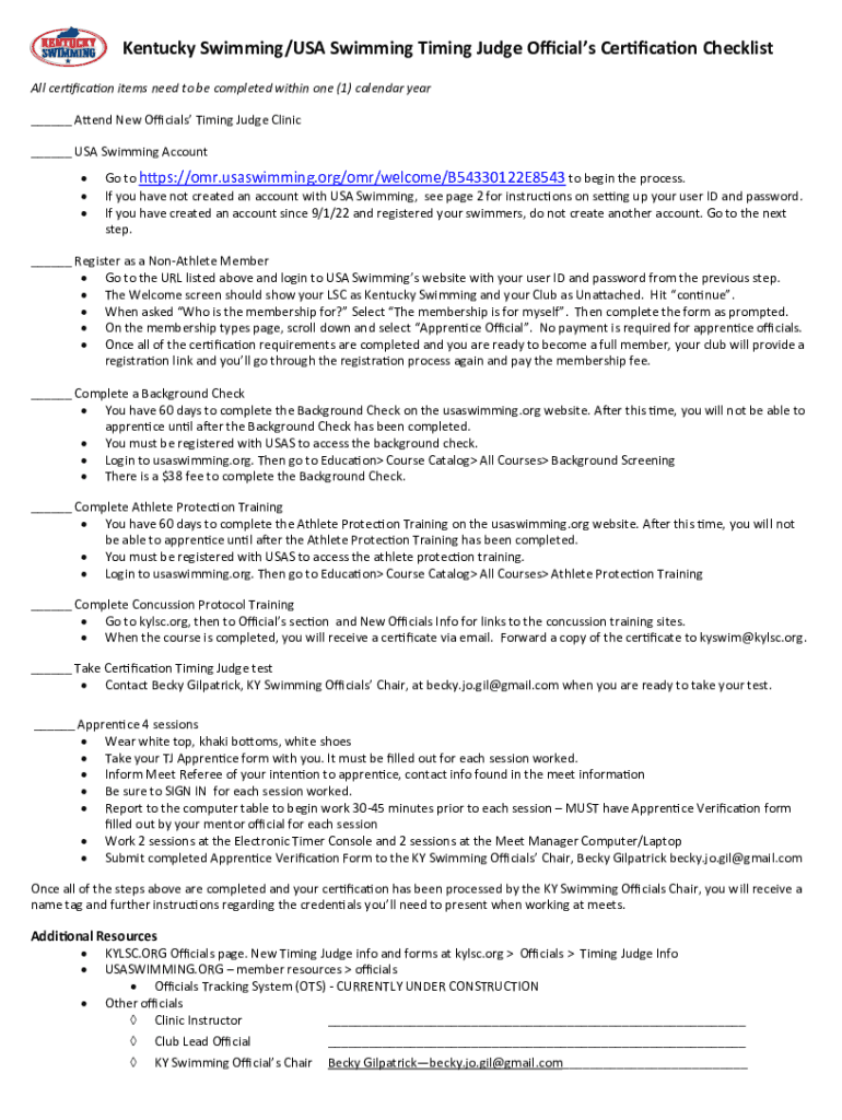 Fillable Online 1 KY Swimming/USA Swimming Timing Judge Checklist Fax ...