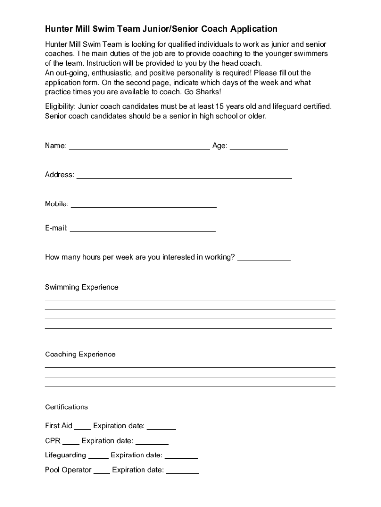 Fillable Online Hunter Mill Swim Team Junior/Senior Coach Application ...