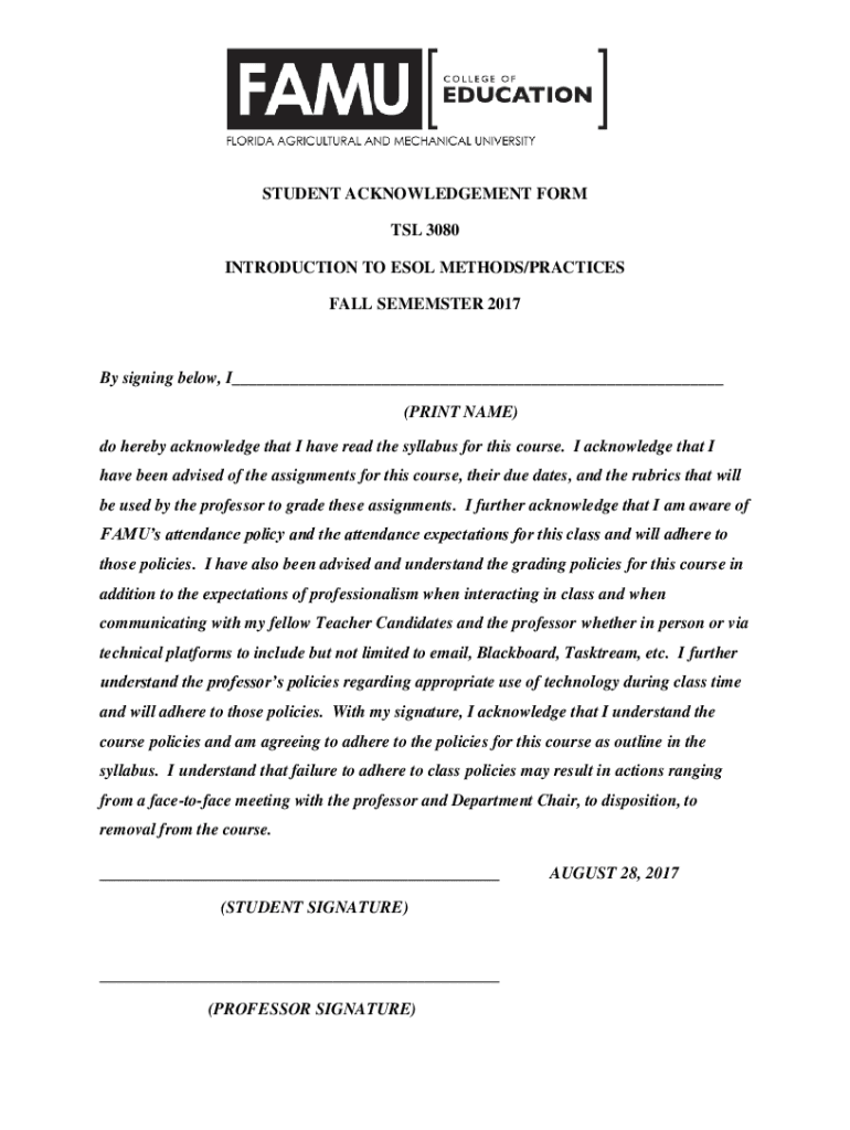 Fillable Online support famu student acknowledgement form tsl 3080 introduction to ... Fax Email ...