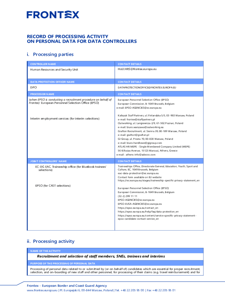 Fillable Online Record of Processing activity on personal data for ...