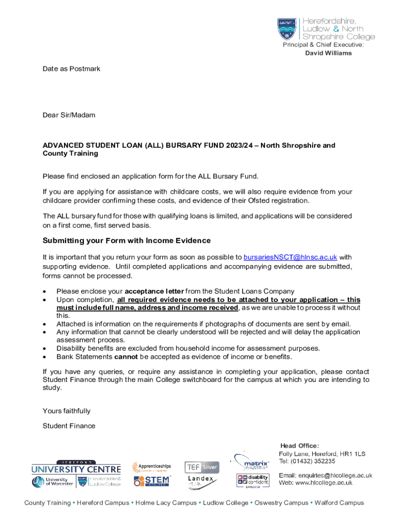 Fillable Online ADVANCED STUDENT LOAN (ALL) BURSARY FUND 2023/24 North Shropshire and Fax Email ...