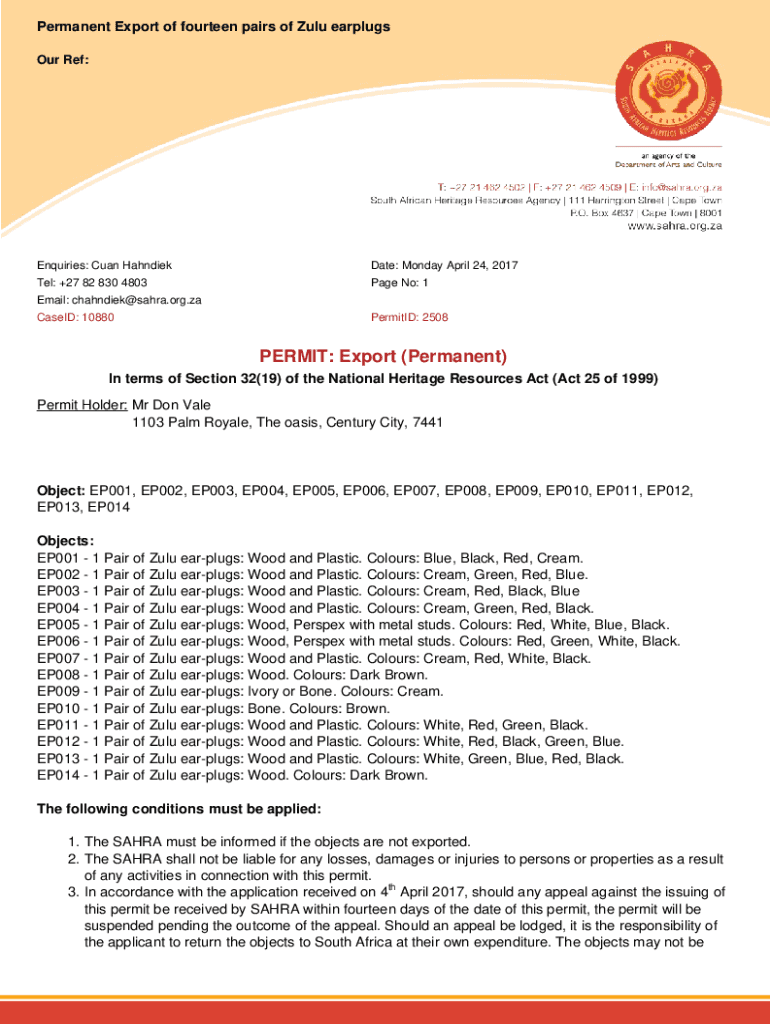 Fillable Online Permanent Export of fourteen pairs of Zulu earplugs - SAHRIS Fax Email Print ...