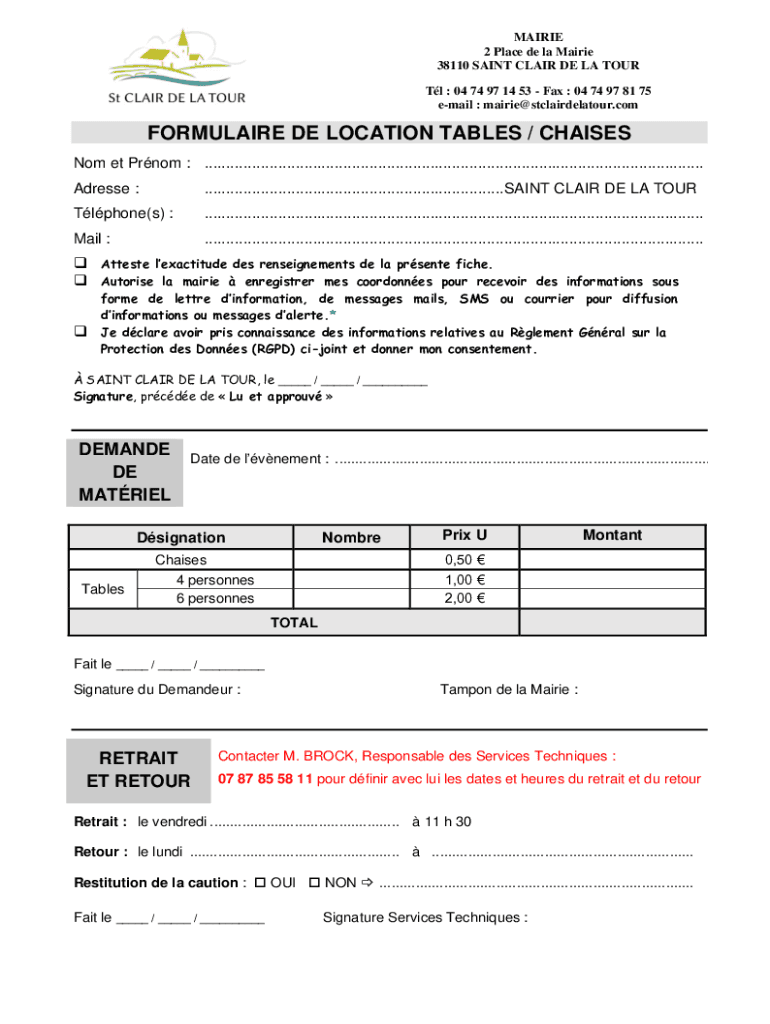 Remplissable En Ligne FORMULAIRE DE LOCATION TABLES / CHAISES Fax Email ...