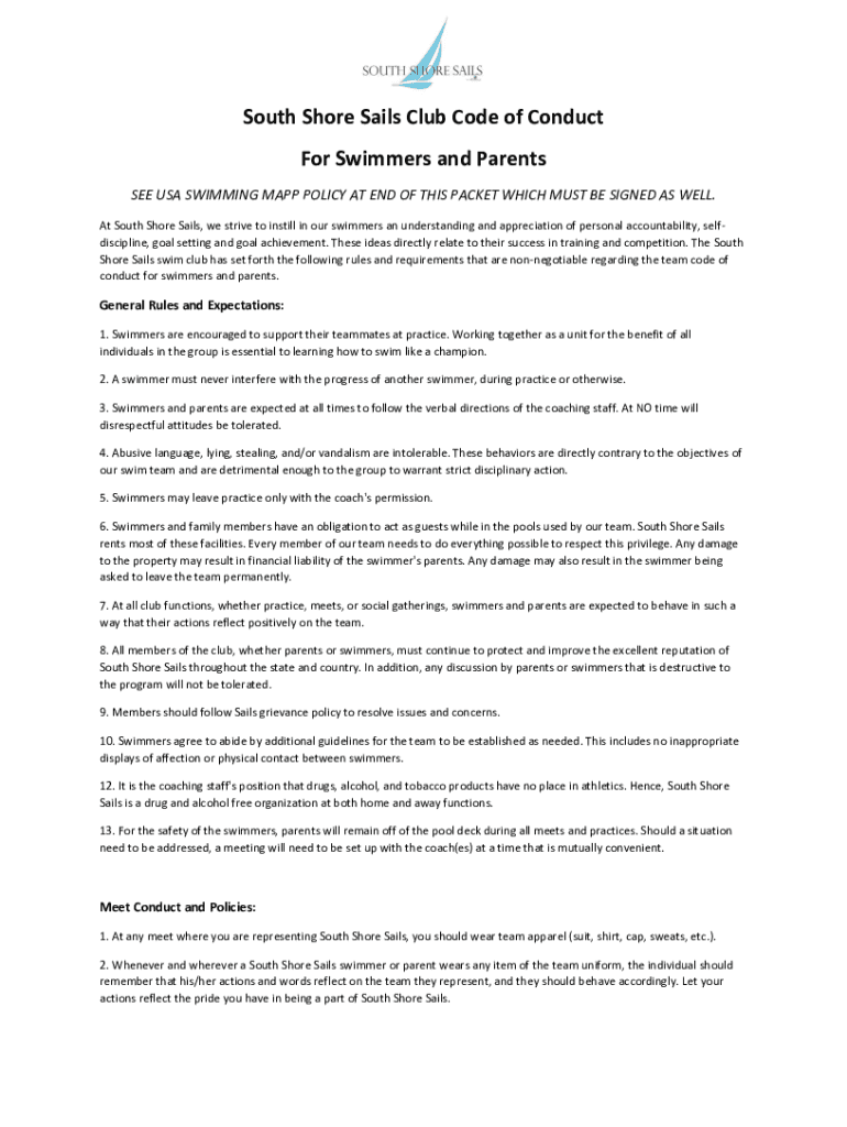 Fillable Online South Shore Sails Club Code of Conduct For Swimmers ...