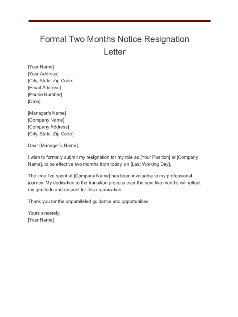 Fillable Online Formal Two Months Notice Resignation Letter Fax Email ...