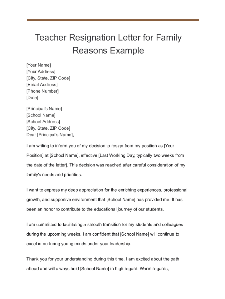 Fillable Online Teacher Resignation Letter for Family Reasons Example ...