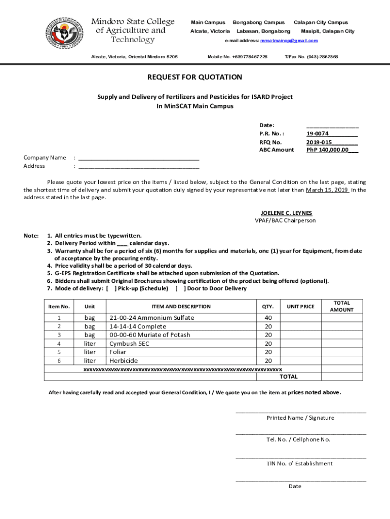 Fillable Online Supply and Delivery of Fertilizers and Pesticides for ...
