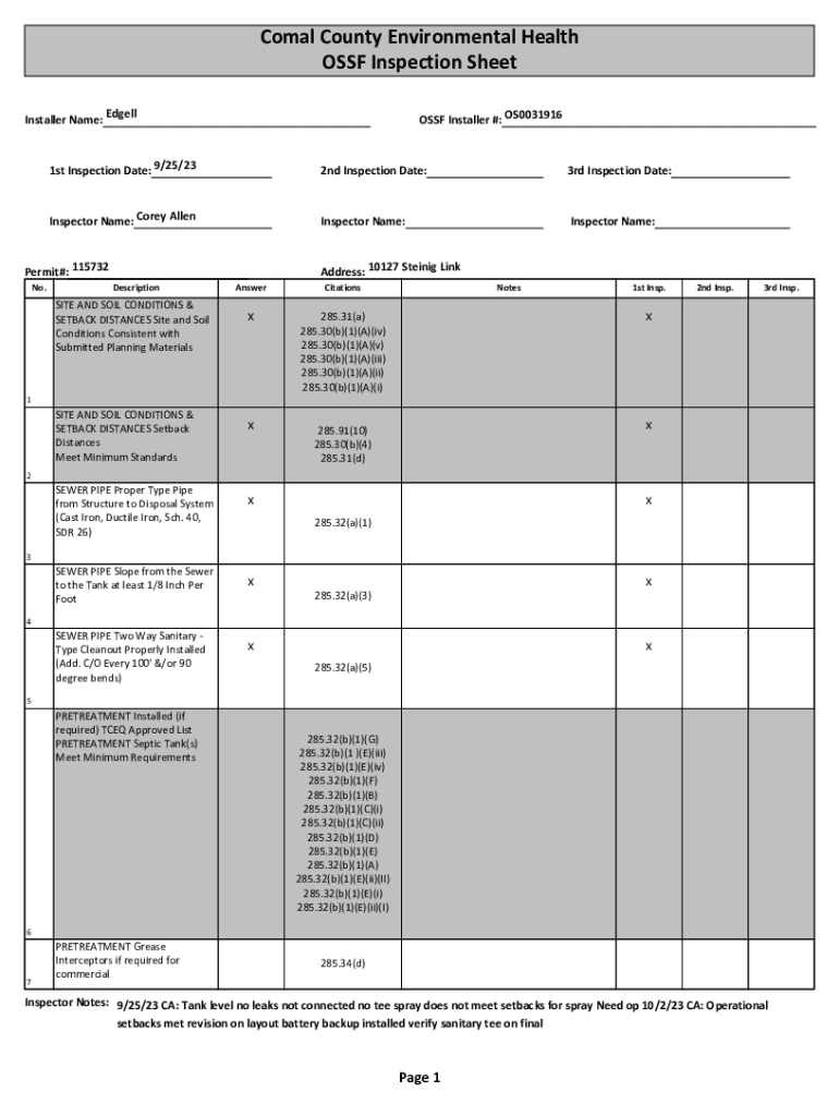 Fillable Online 1st Inspection Date: 9/25/23 Fax Email Print - pdfFiller
