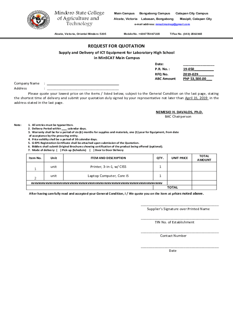 Fillable Online Supply and Delivery of ICT Equipment for Laboratory ...