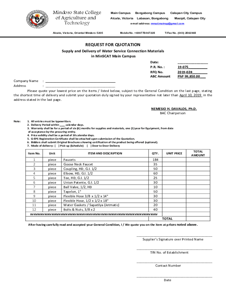 Fillable Online Supply and Delivery of Water Service Connection ...